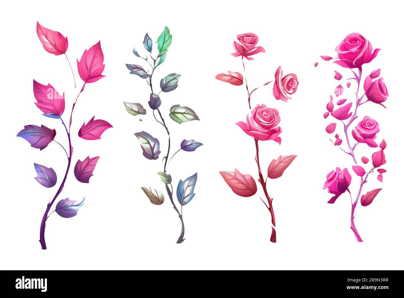 set bracnch of roses in cartoon style for video game isolated on white ...