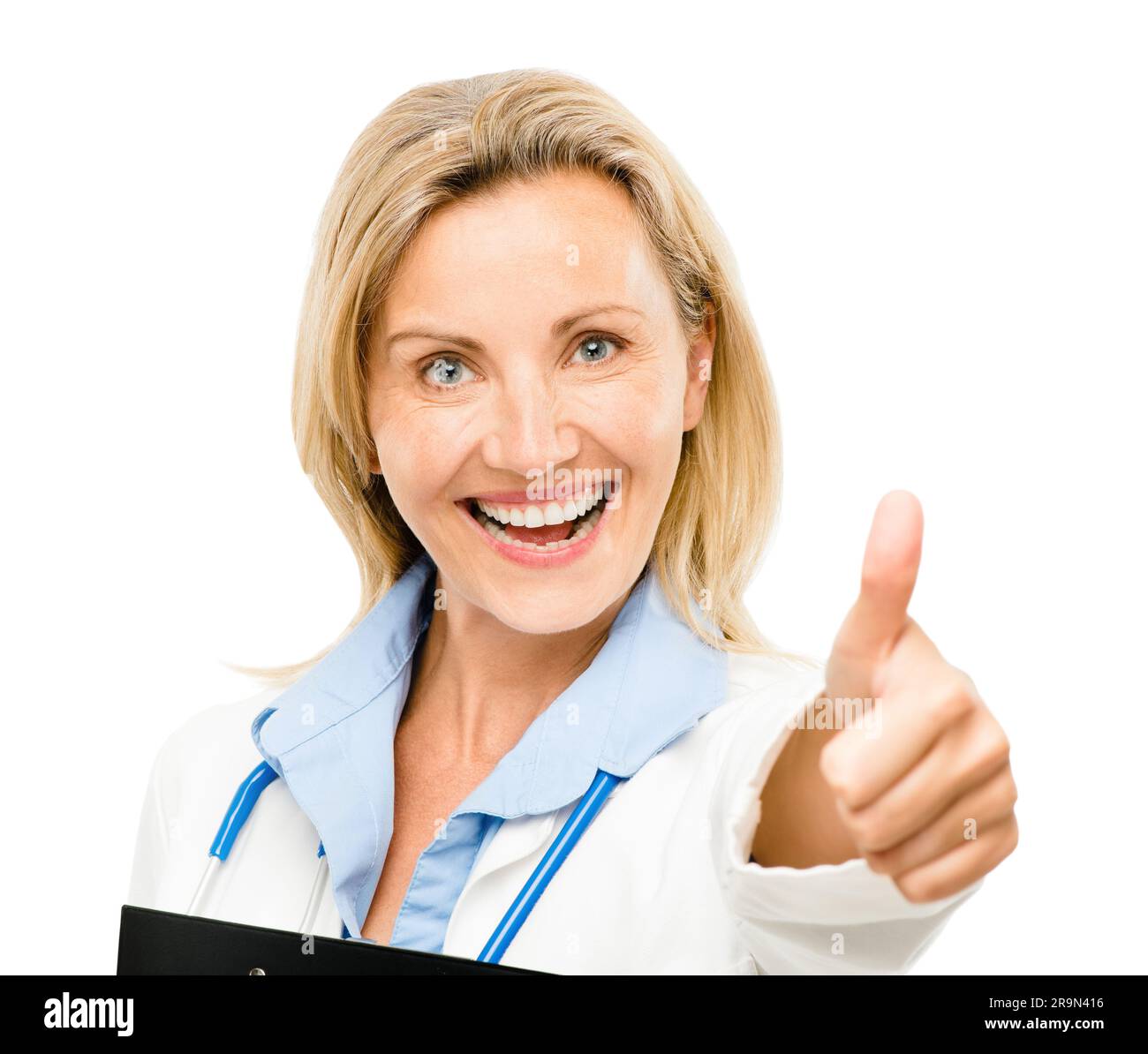 Happy woman, portrait and doctor with thumbs up for good job isolated ...