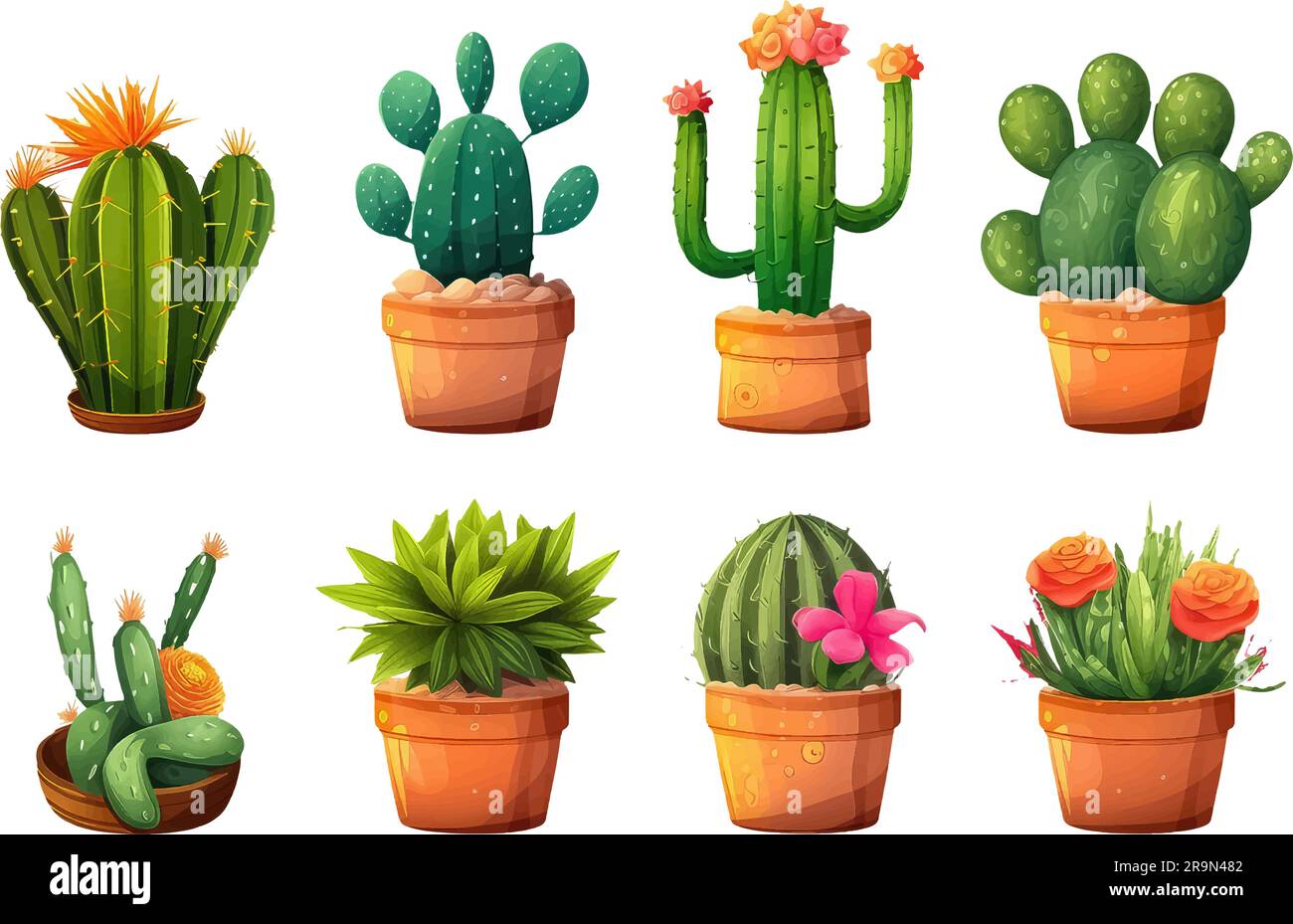 set cactus in pot cartoon style for video game isolated on white ...