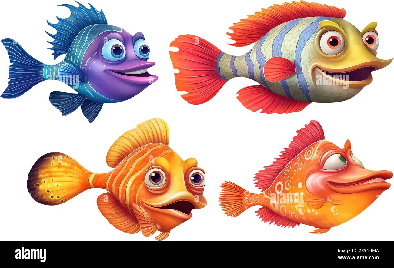 set fish in cartoon style for video game isolated on white background ...