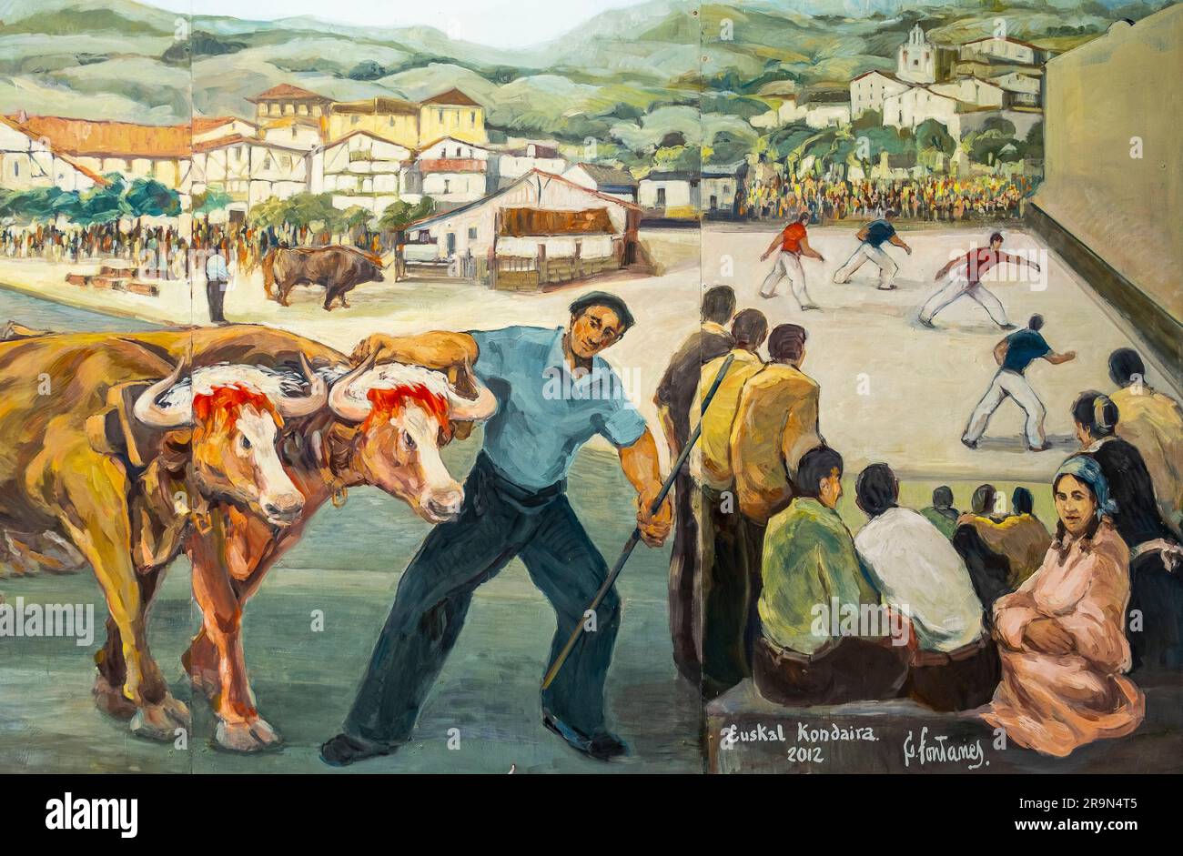 Detail of painting, in Foru Plaza, on the celling of the arcades of the ...