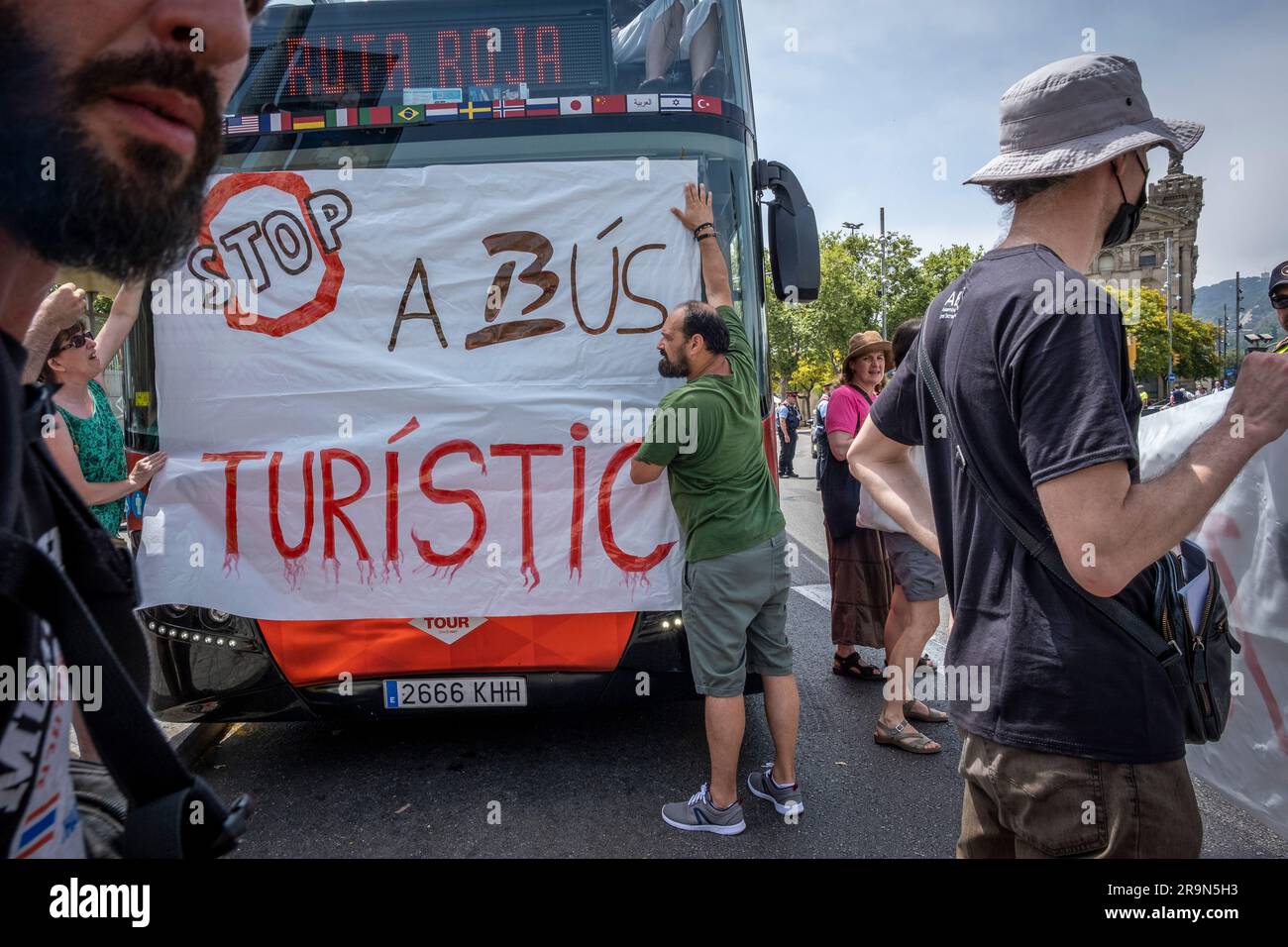 Rally, protest march, demonstration, activists block the tourist bus to ...