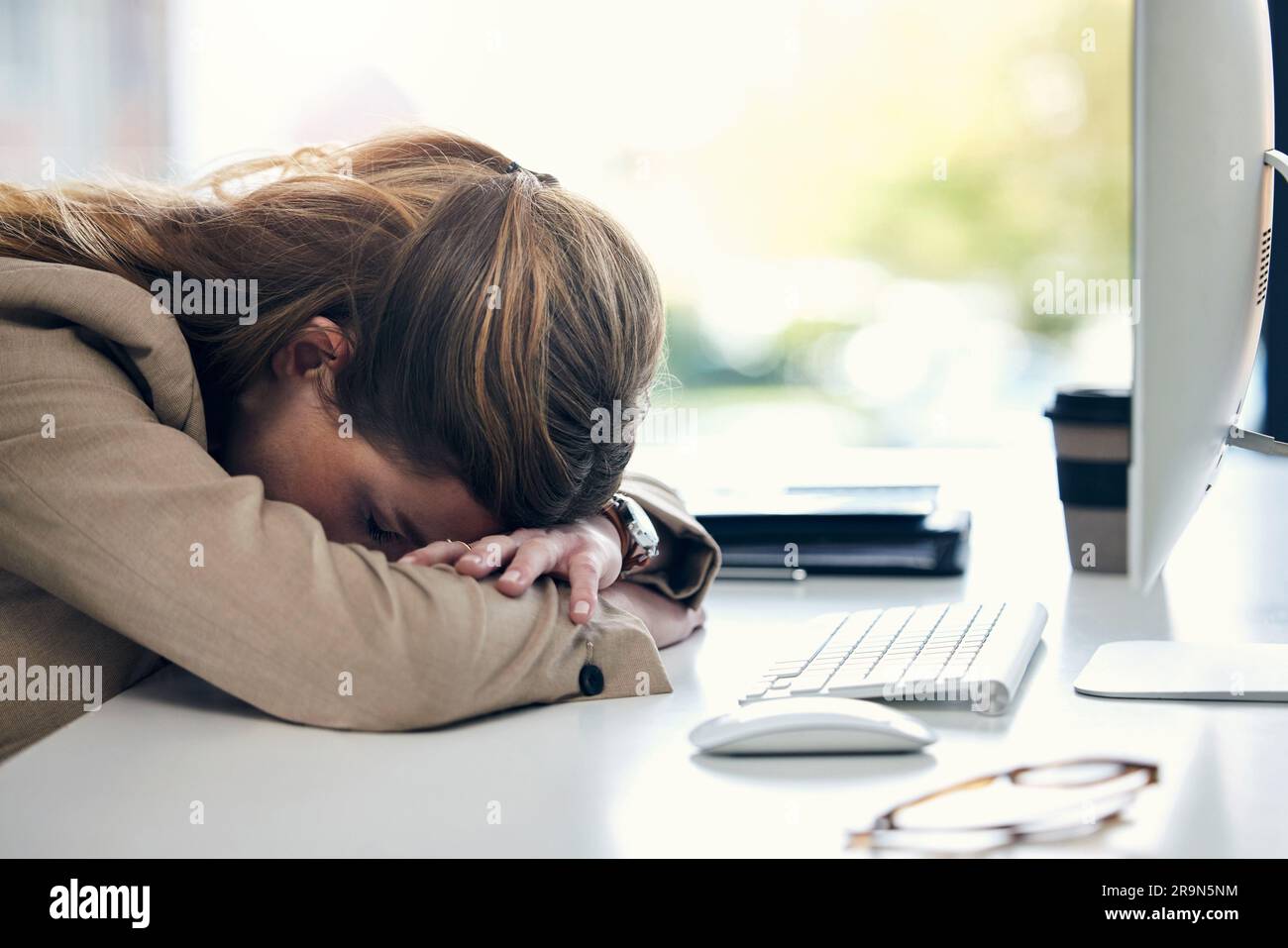 Tired business woman, sleeping and desk in burnout, stress or mental ...
