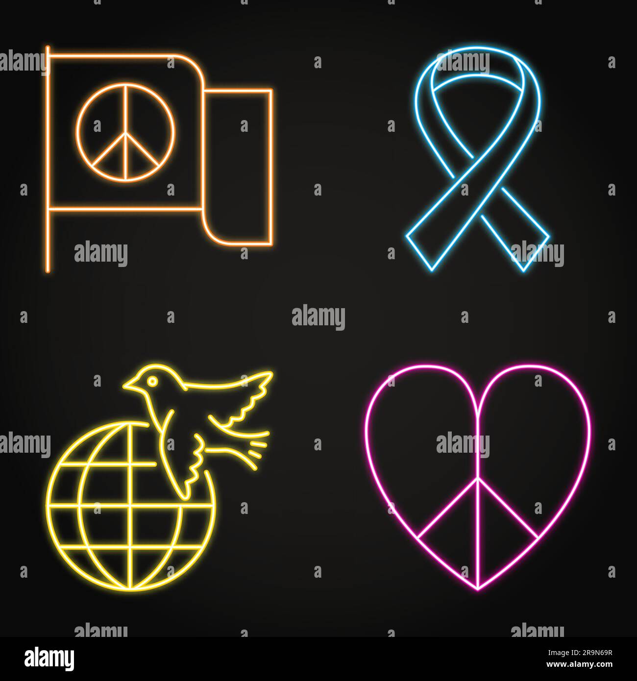 Pacifism and peace neon icon set. Awareness symbol, love and peace ...
