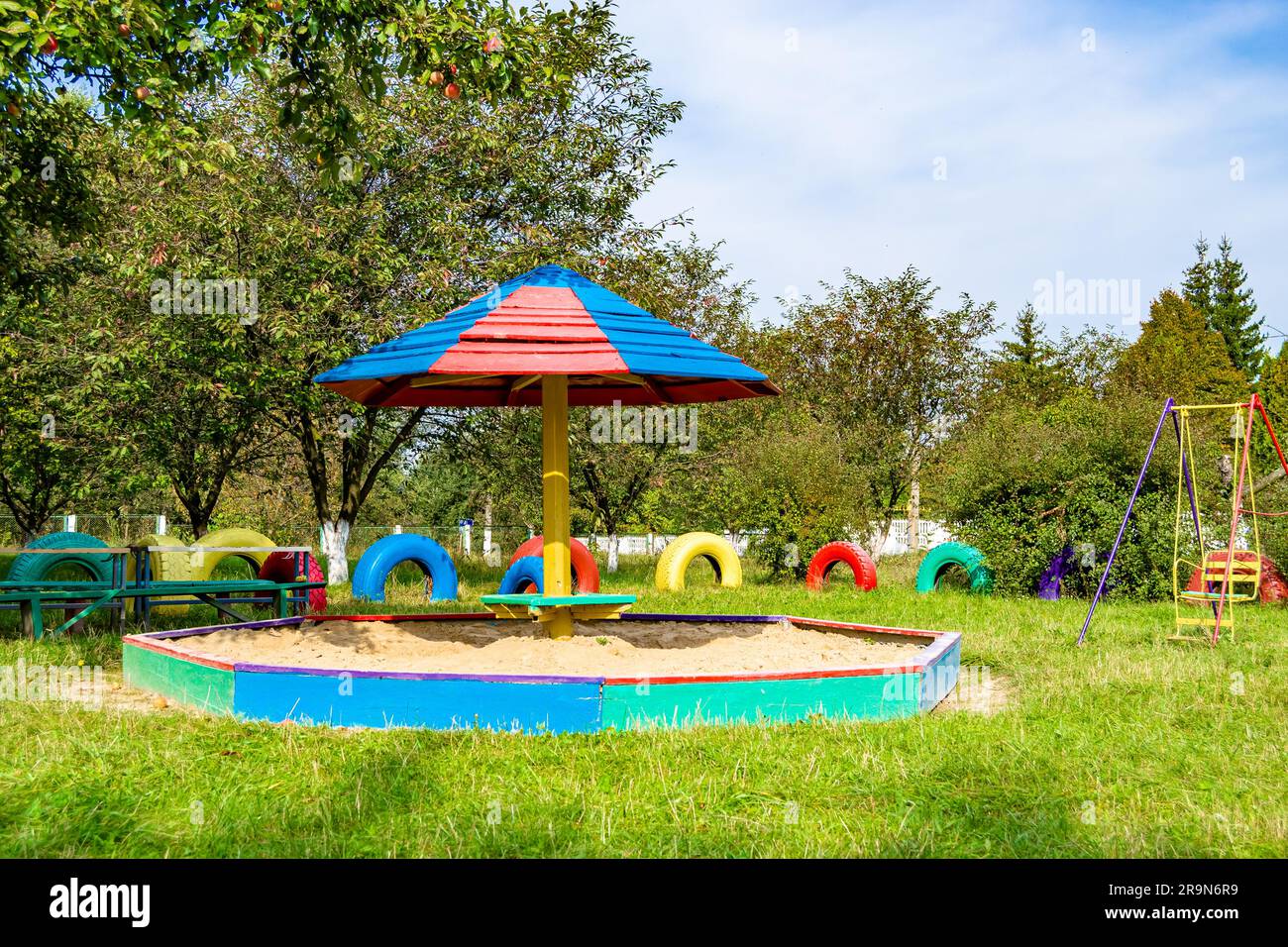 Photography on theme empty wooden sandbox with sand for kids on ...