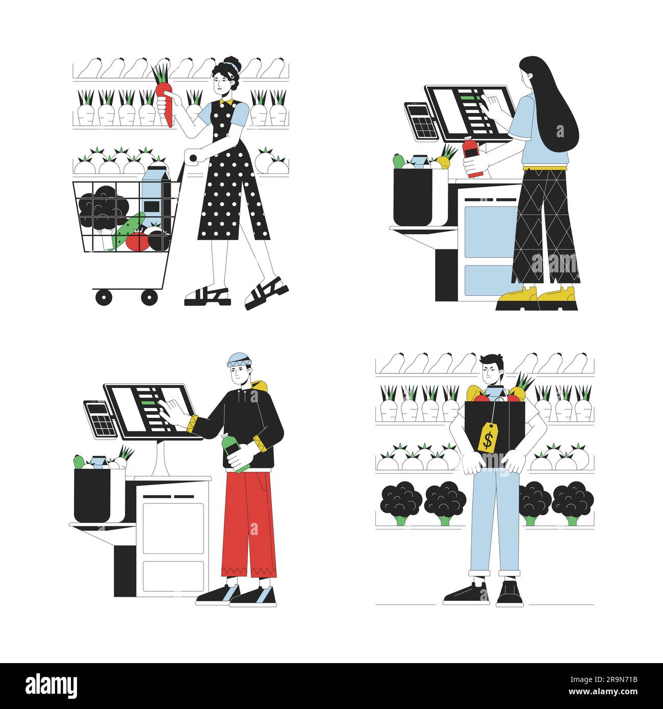 People everyday activities flat line color vector characters Stock ...