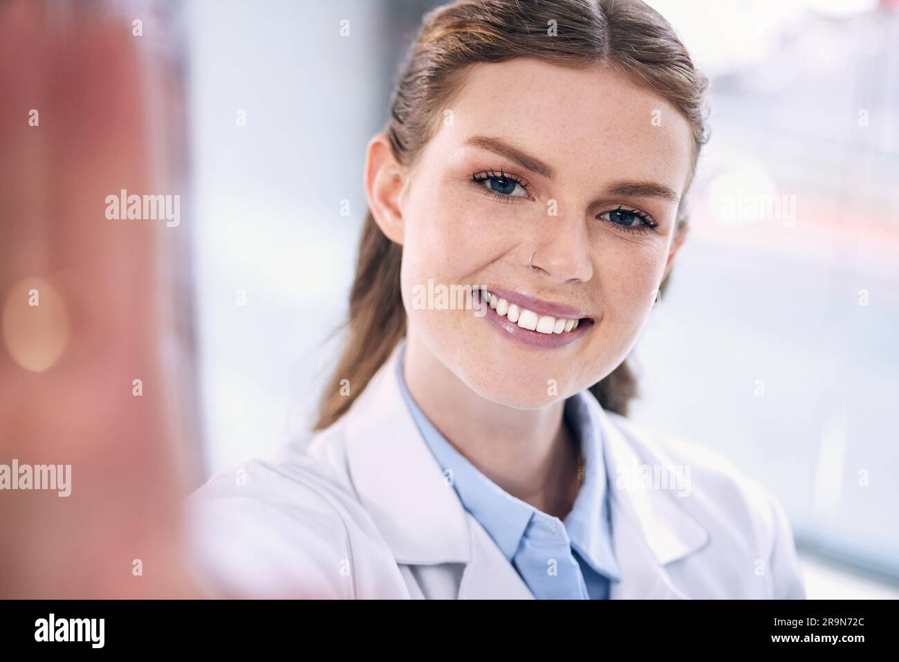 Happy woman, doctor and portrait in selfie for picture, memory or photo ...