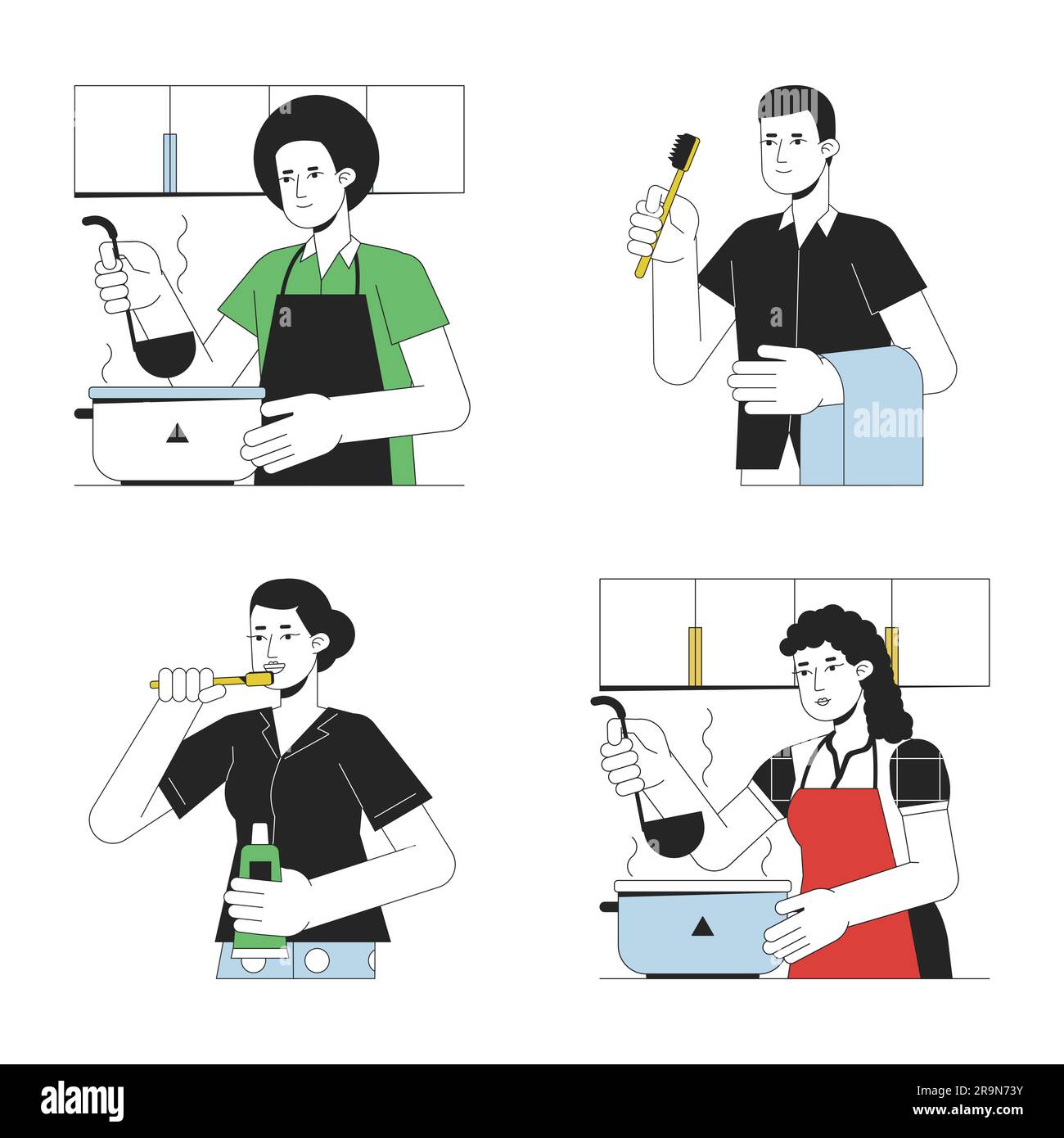 Busy people at home flat line color vector characters Stock Vector ...