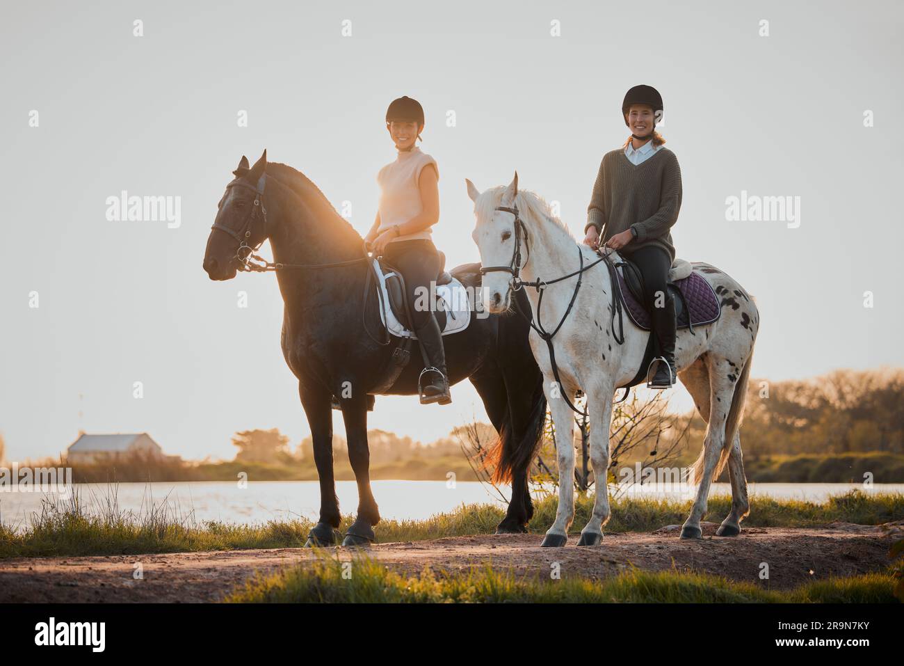Horse riding, sunset and hobby with friends in nature on horseback by ...