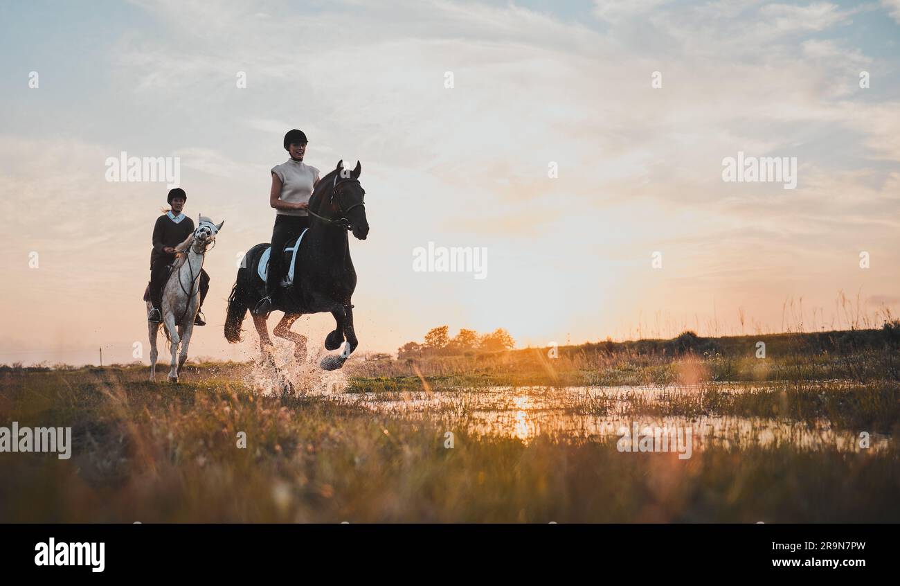 Horse riding, friends and girls in countryside at sunset with outdoor ...