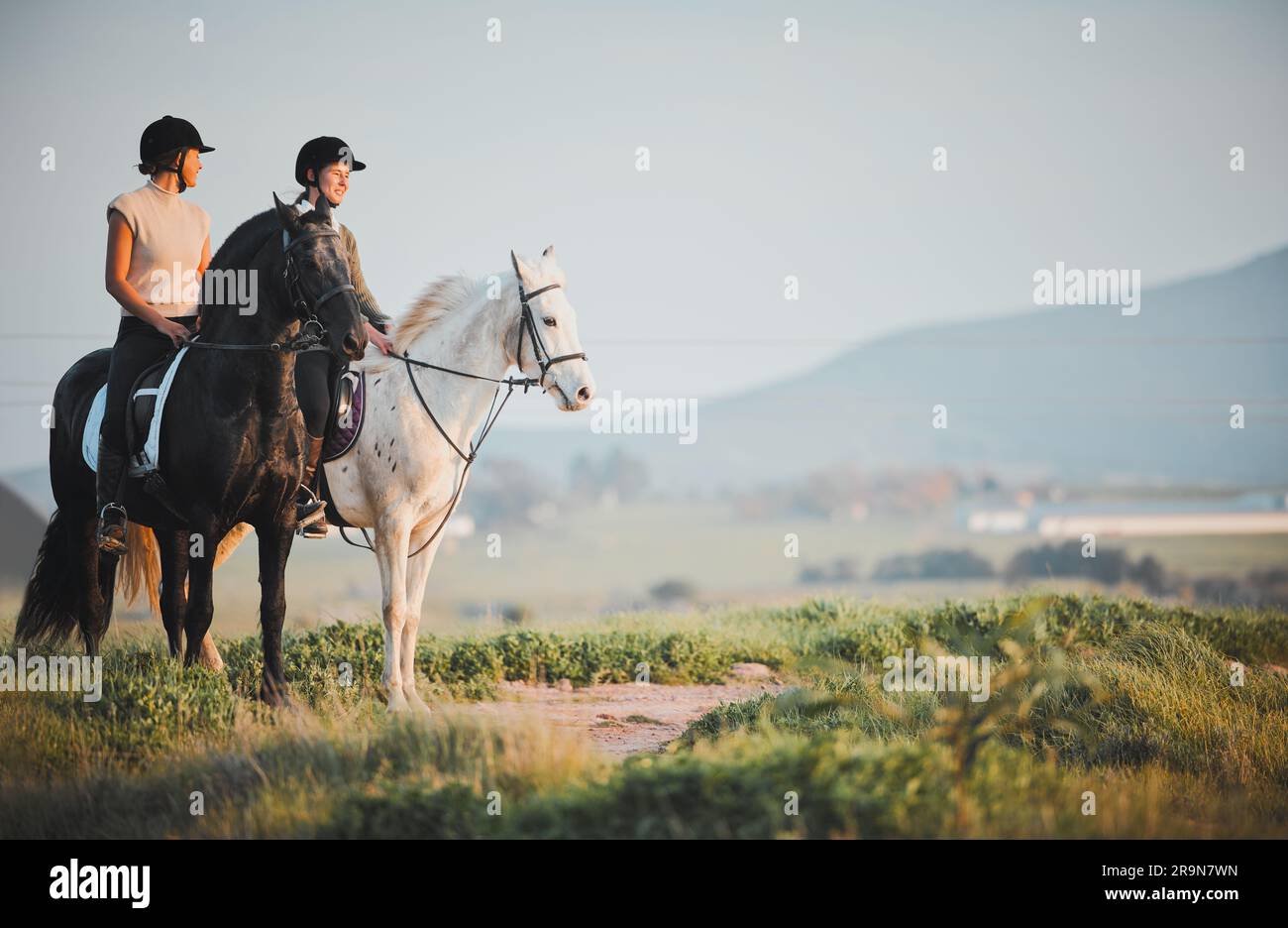Horse riding, freedom and view with friends in nature on horseback ...