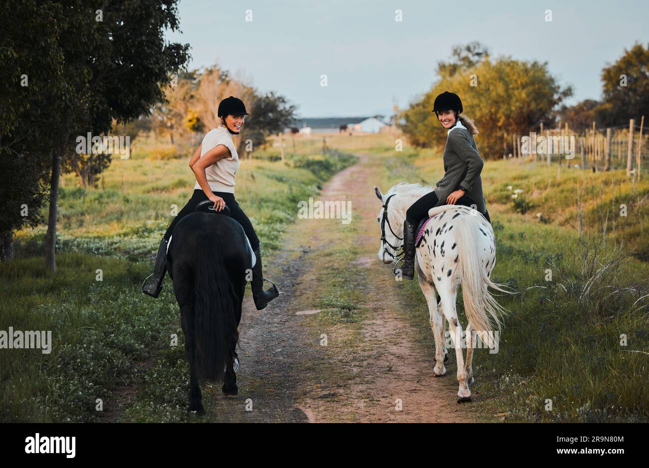 Horse riding, friends and portrait of women in countryside outdoor for ...