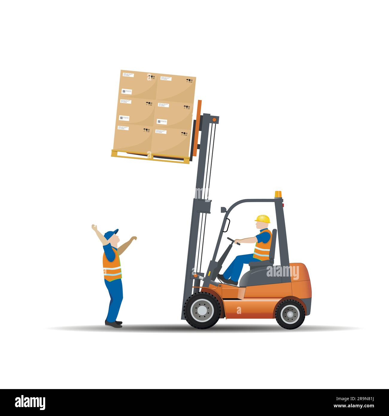 Dangers of working with a forklift. Don't stand under the load. Vector ...