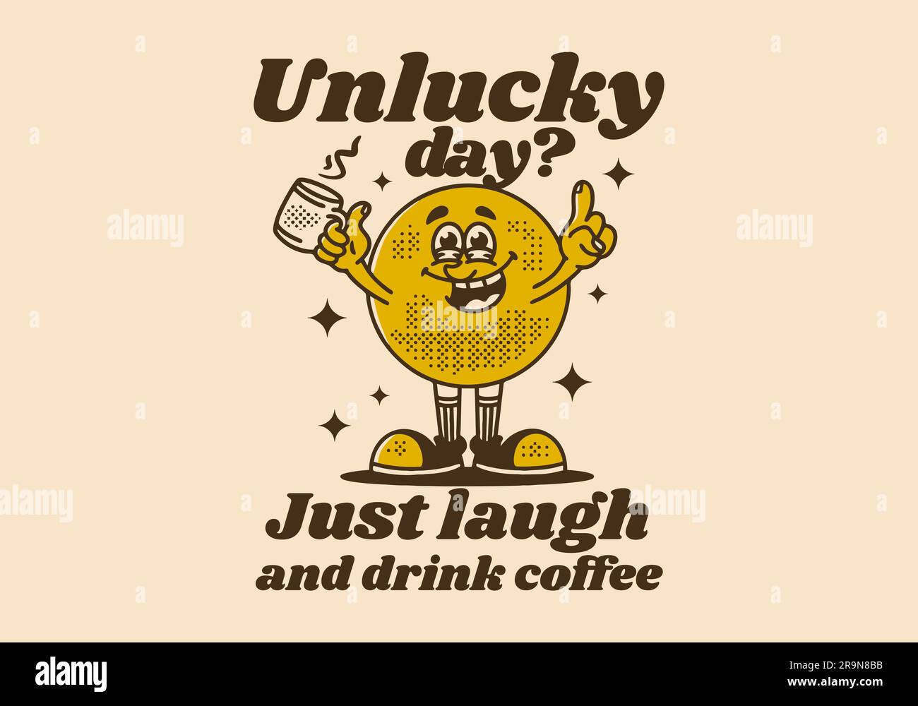 Unlucky day, just laugh and drink coffee. Vintage mascot character of ...