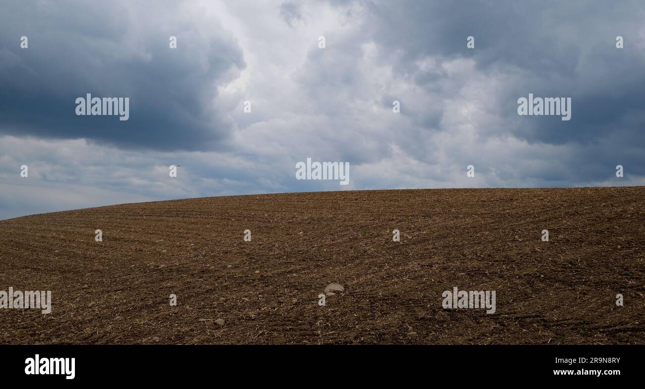 A picturesque rural landscape with freshly tilled soil, illuminated by ...