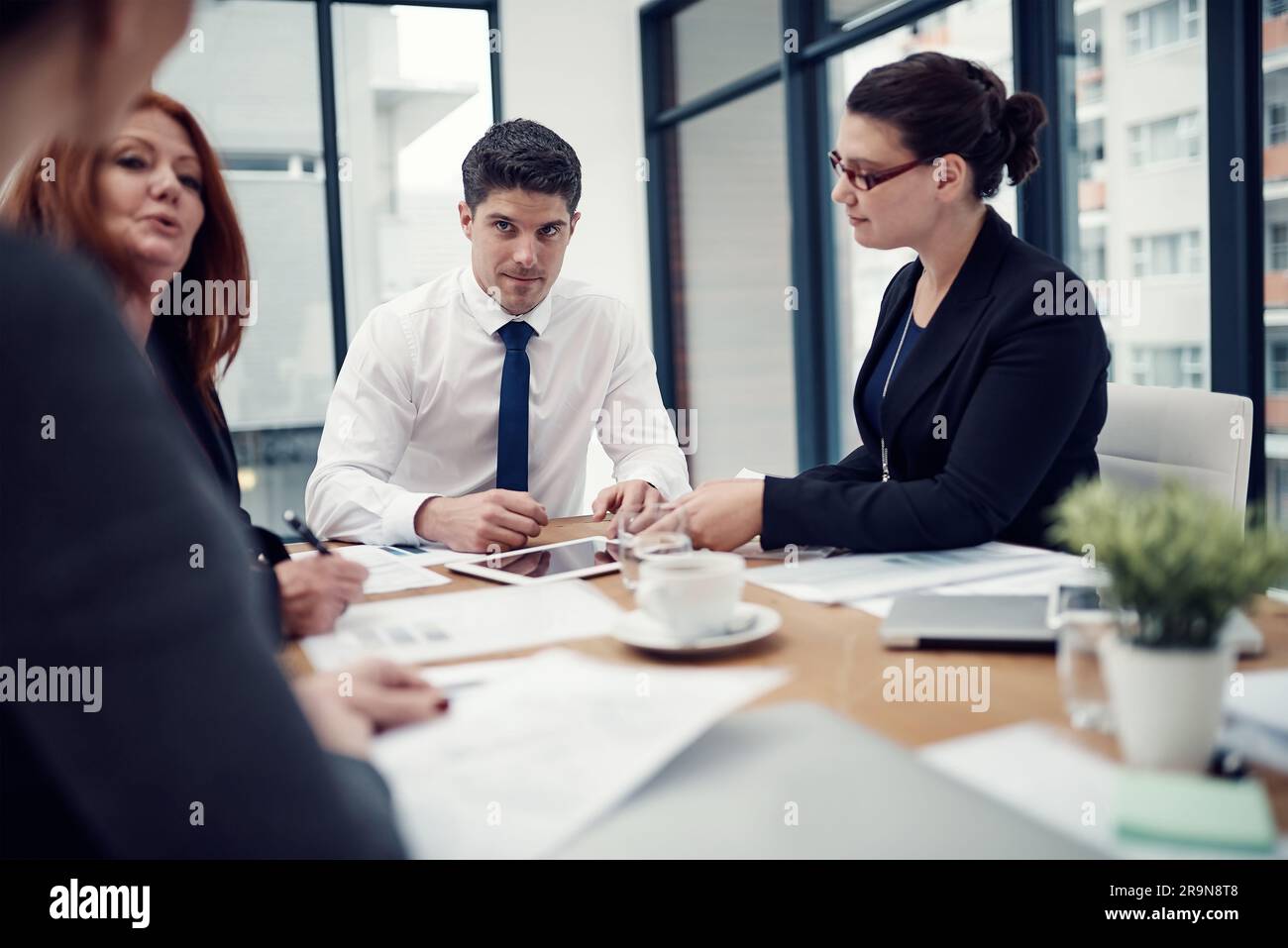 Discussion, brainstorming and business people in meeting in the office ...