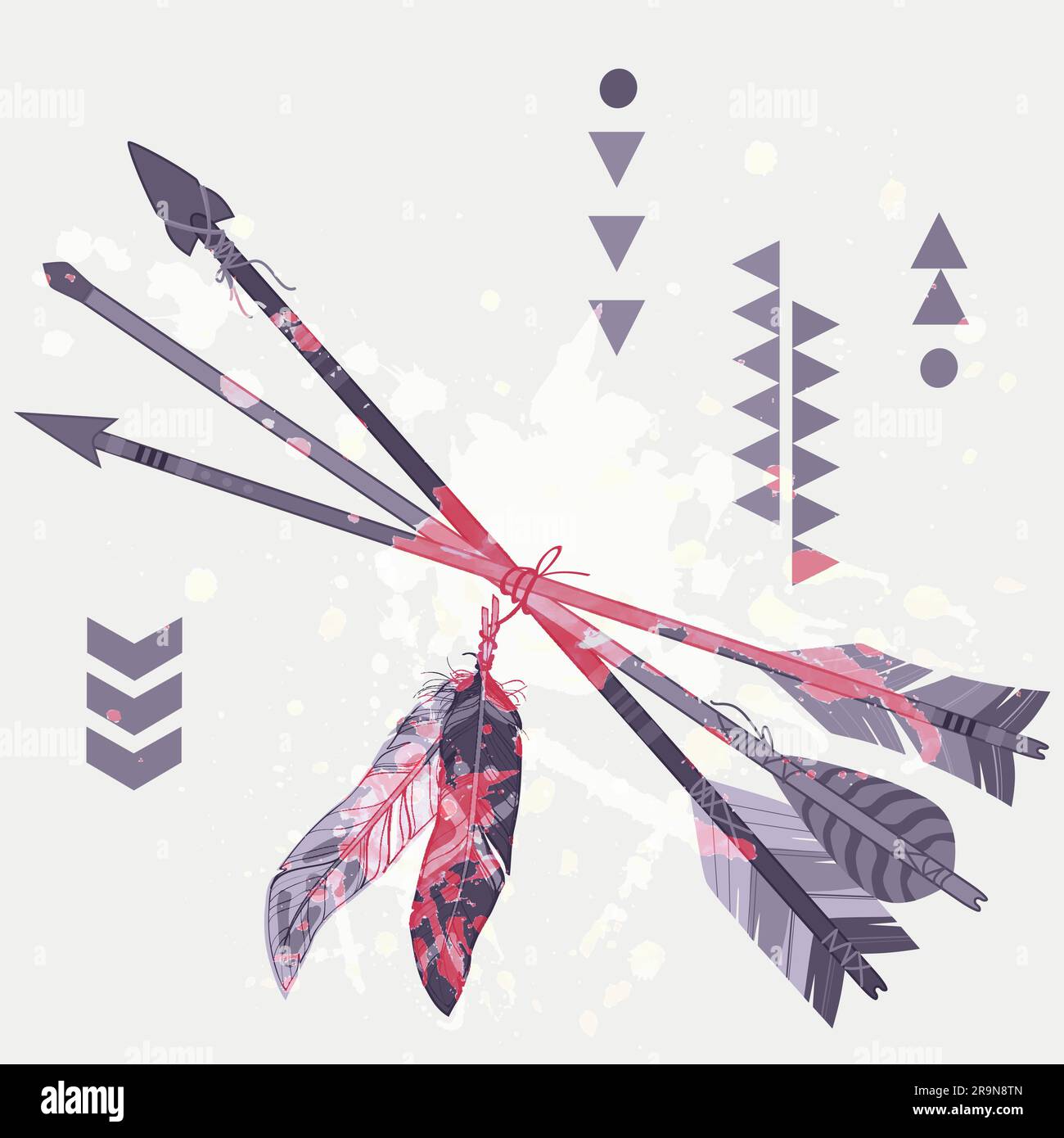 Vector grunge illustration of different ethnic arrows with feathers and ...