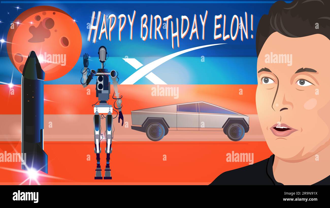 Happy birthday Elon. Elon Musk portrait,Logo of Starlink , Tesla ...