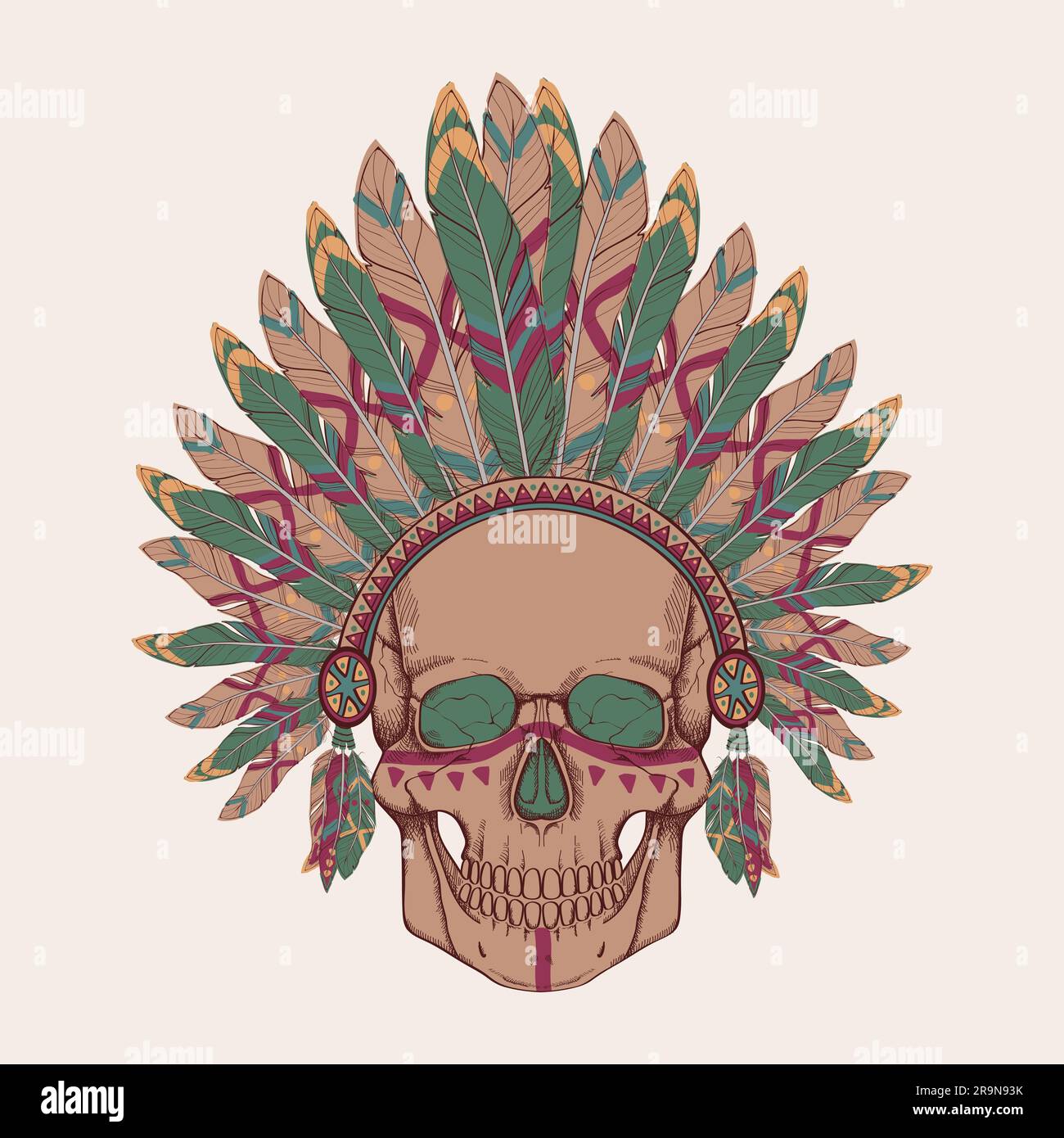 Vector illustration of human skull in native american indian chief ...