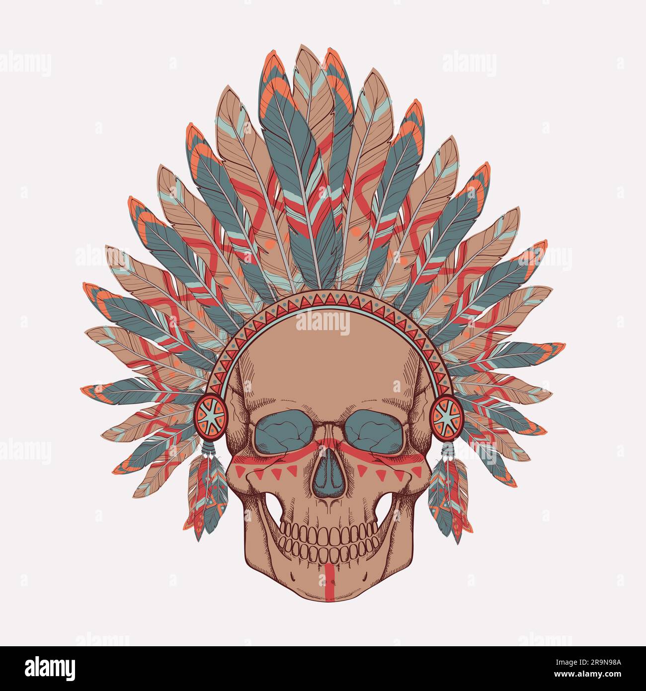 Vector illustration of human skull in native american indian chief ...