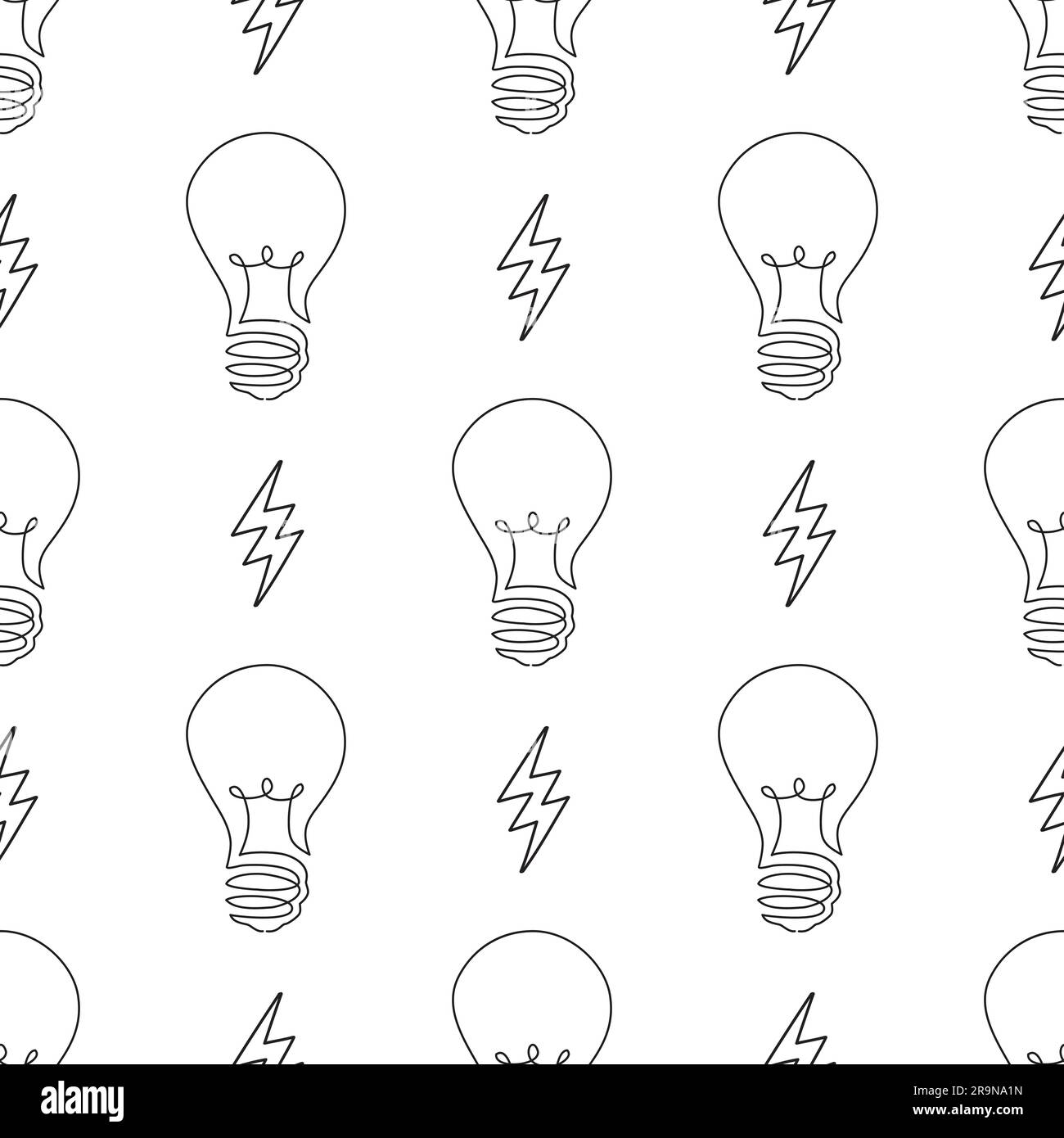 Vector seamless pattern with light bulbs and lightning bolts in one line style drawing. Modern ...