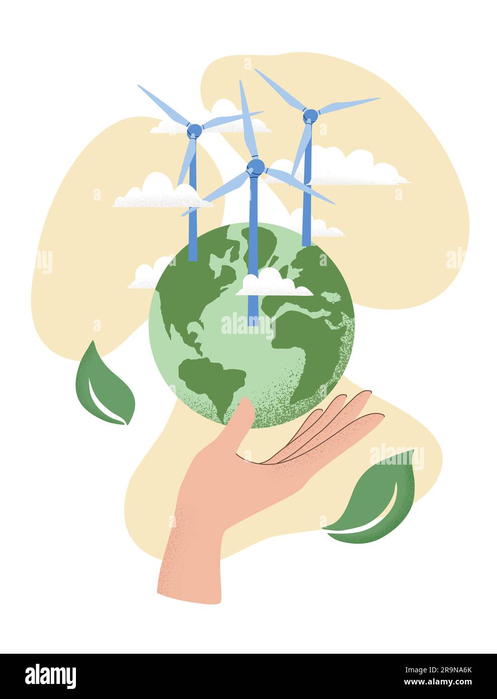 Vector illustration of human hand holding Earth globe, Wind power plant ...