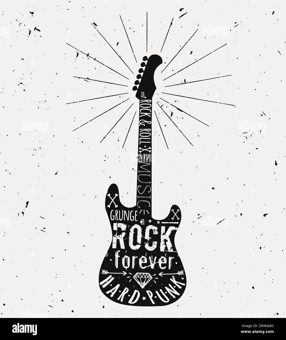 Vector vintage guitar label with sunburst, diamond, bones, arrows ...