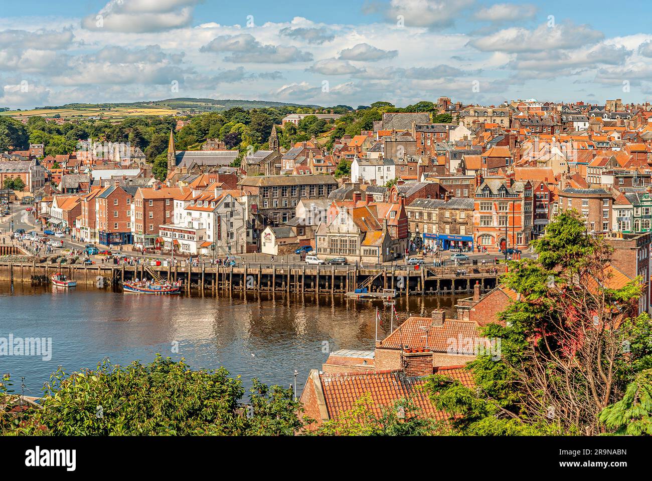 Elevated view over old town of Whitby, North Yorkshire, England, UK ...