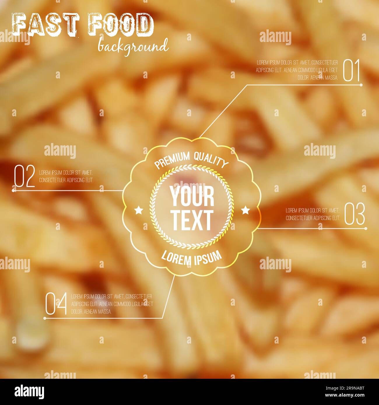 Vector blurred background with french fries and label. Fast food design ...