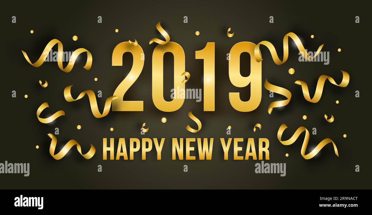 Vector Happy New Year illustration with 2019. Golden shiny numbers with ...
