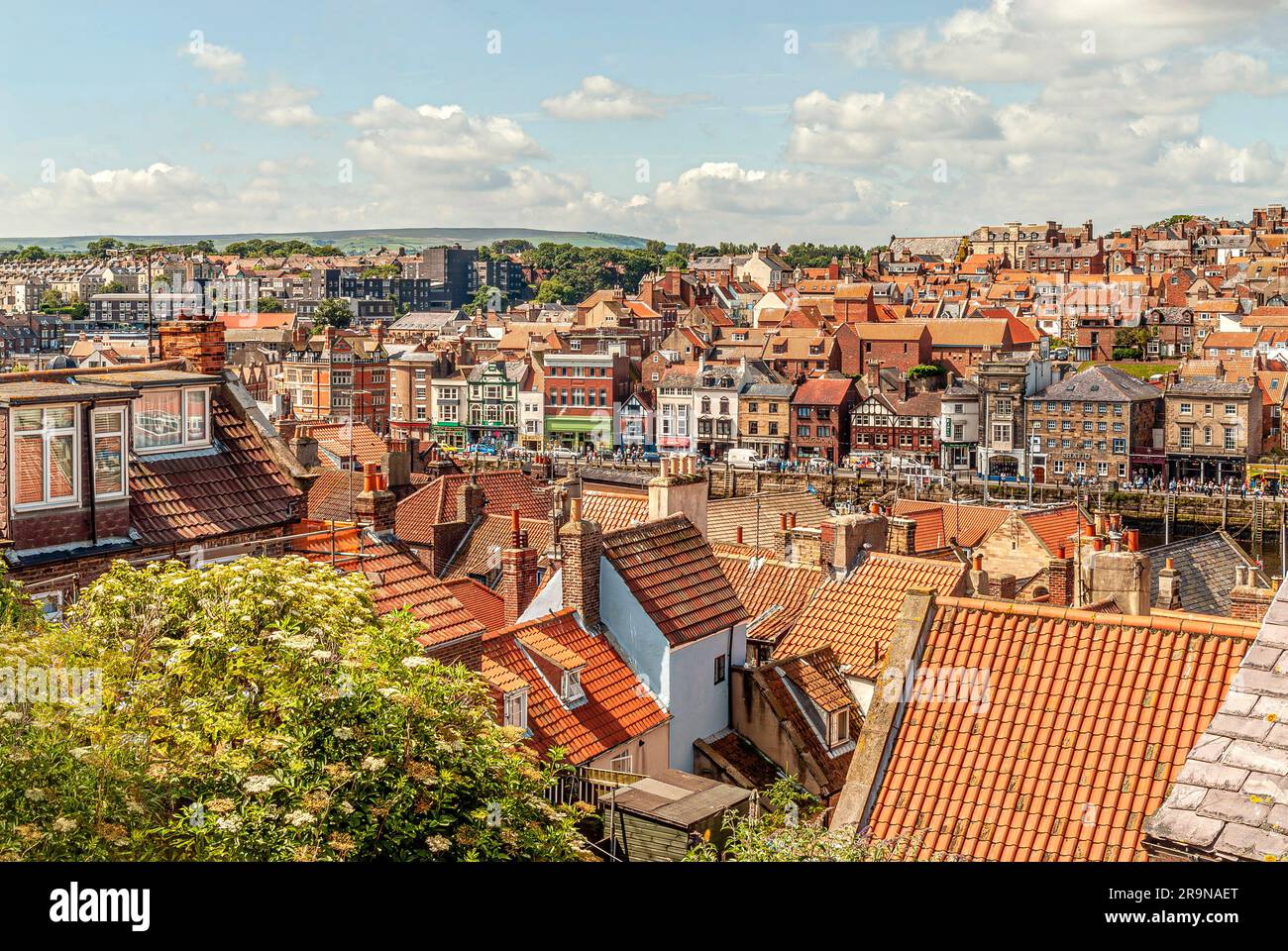 Elevated view over old town of Whitby, North Yorkshire, England, UK ...