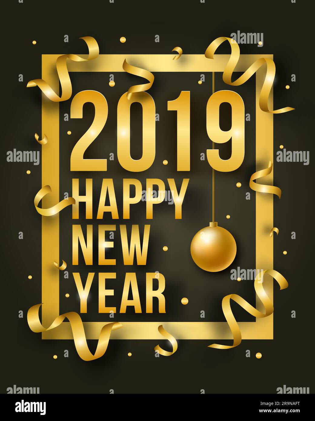 Vector Happy New Year illustration with 2019 and frame. Golden shiny ...