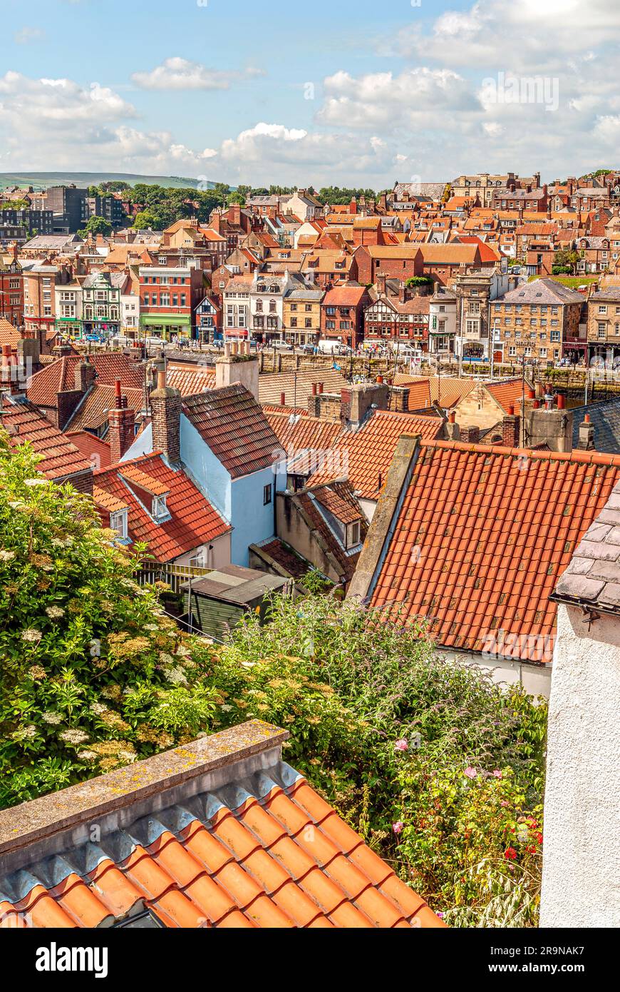 Elevated view over old town of Whitby, North Yorkshire, England, UK ...