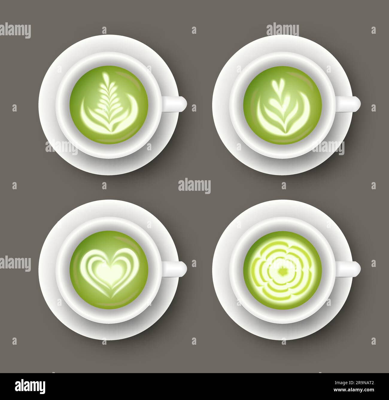 Vector set with realistic white cups with matcha latte drink. Top view ...