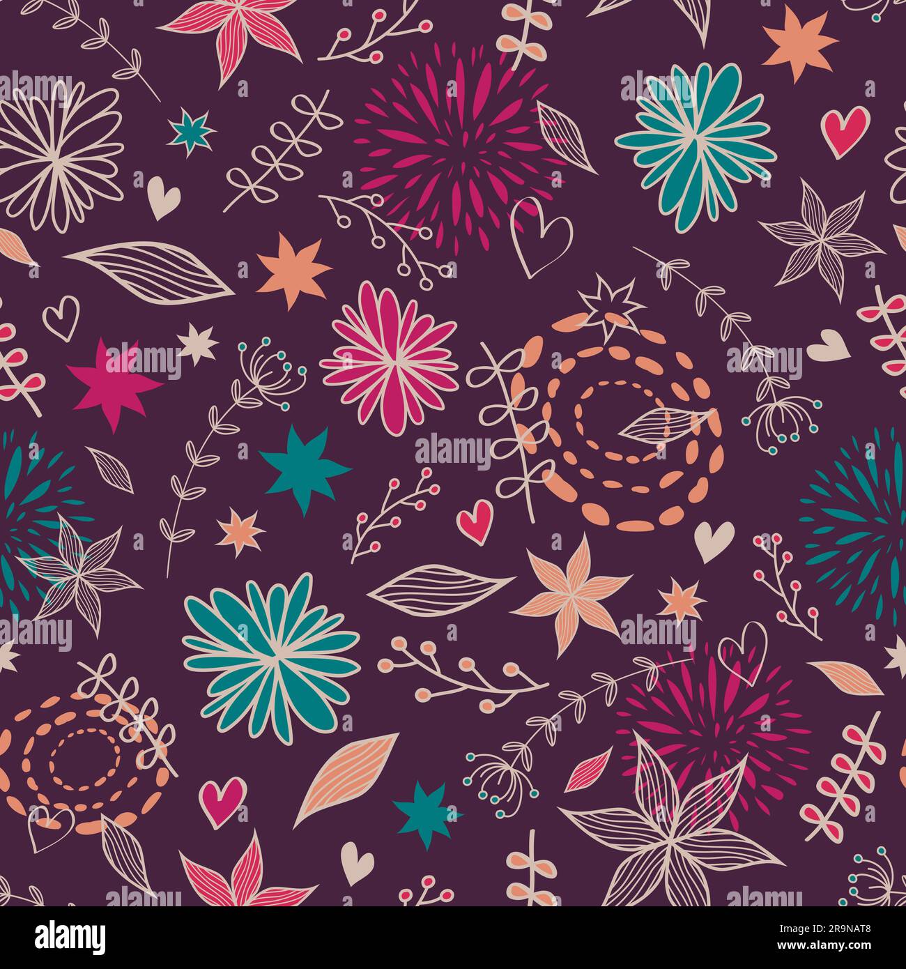 Vector cute seamless floral pattern with flowers, leaves, hearts. Can ...