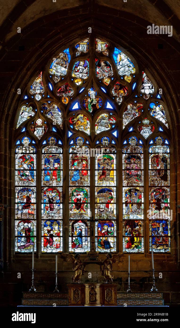 colorful leaded window in the church Saint-Ronan in the village of ...