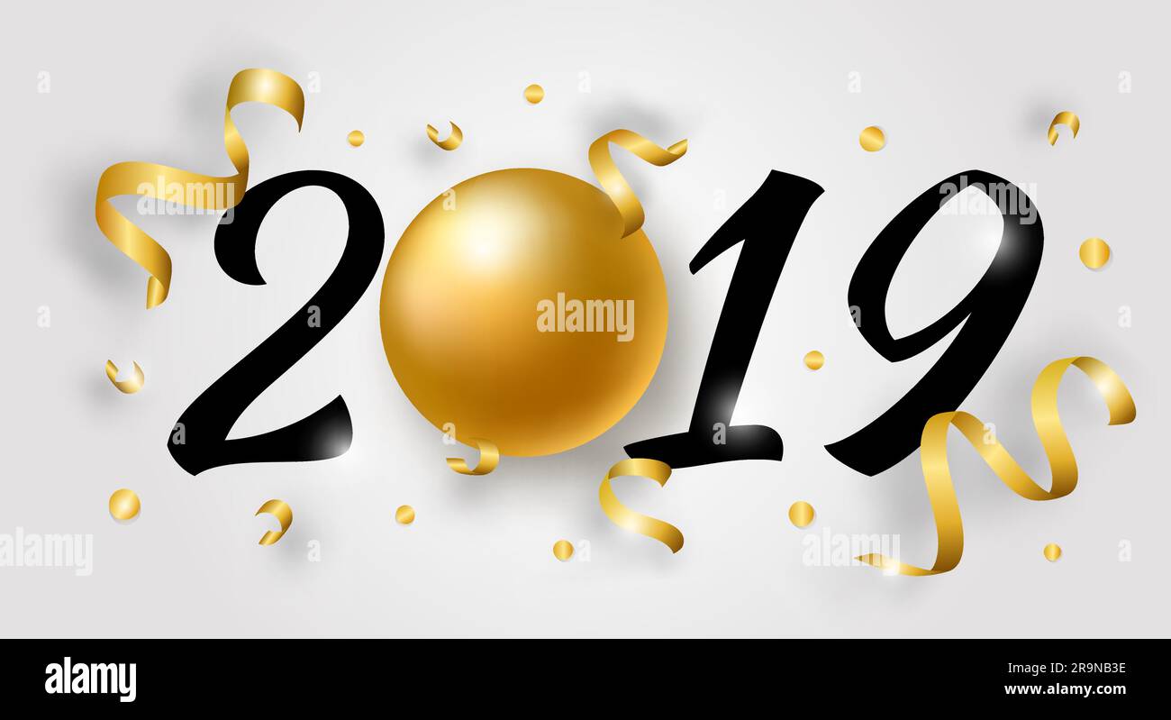 Vector Happy New Year illustration with 2019. Golden shiny numbers with ...