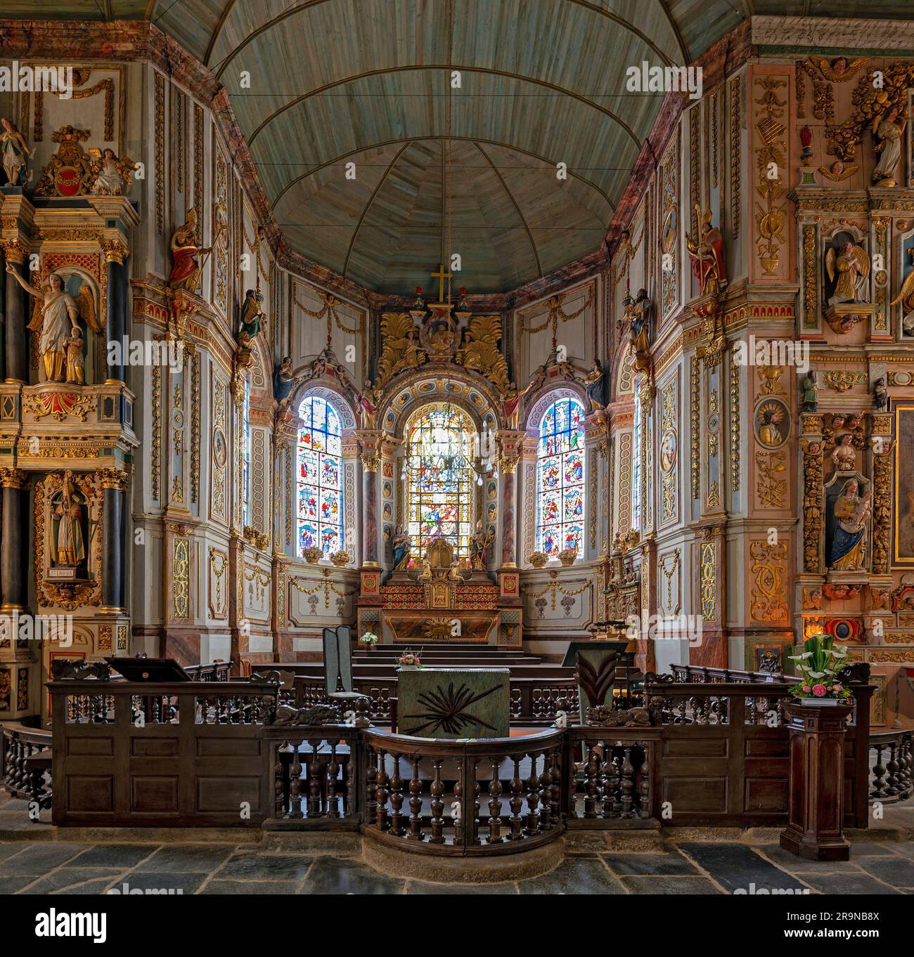 nave with bay of the parish church Notre-Dame in Thegonnec in Brittany ...