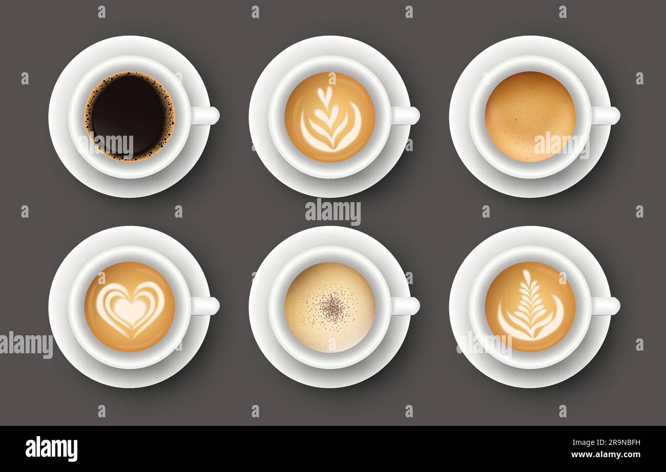 Vector set with 3d realistic different types of coffee in white cups. Collection of top views of ...