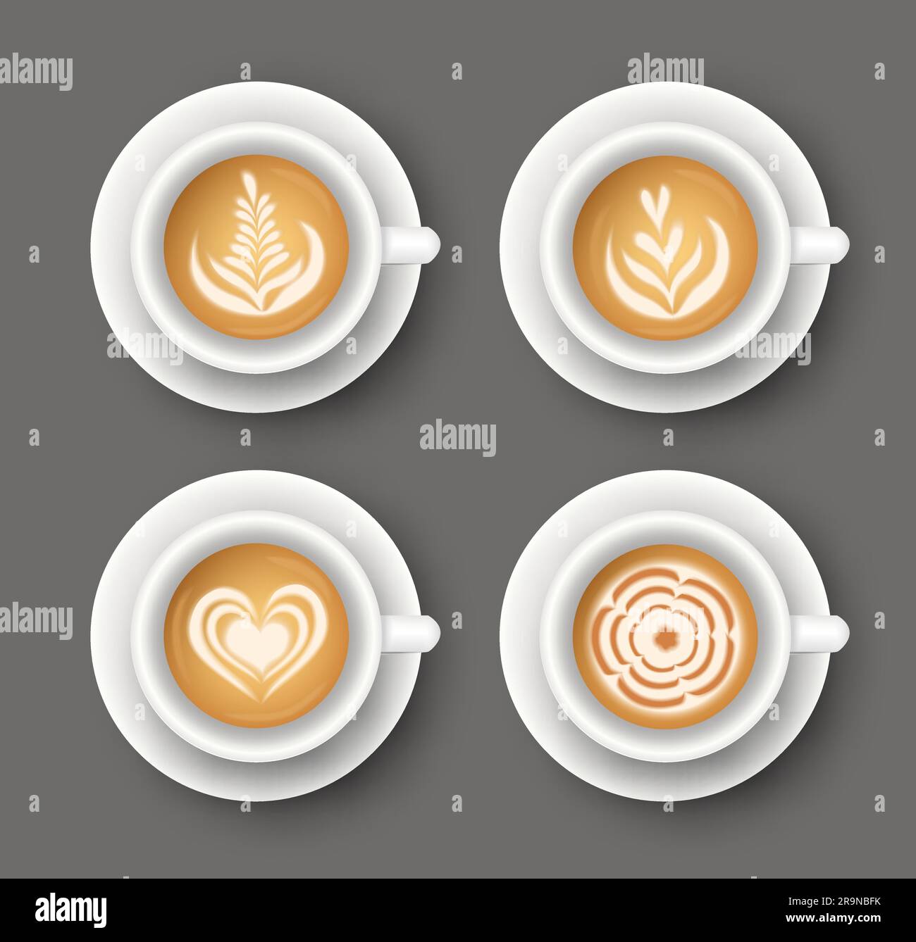 Vector set with realistic white cups with coffee. Collection of Latte art top view Stock Vector ...