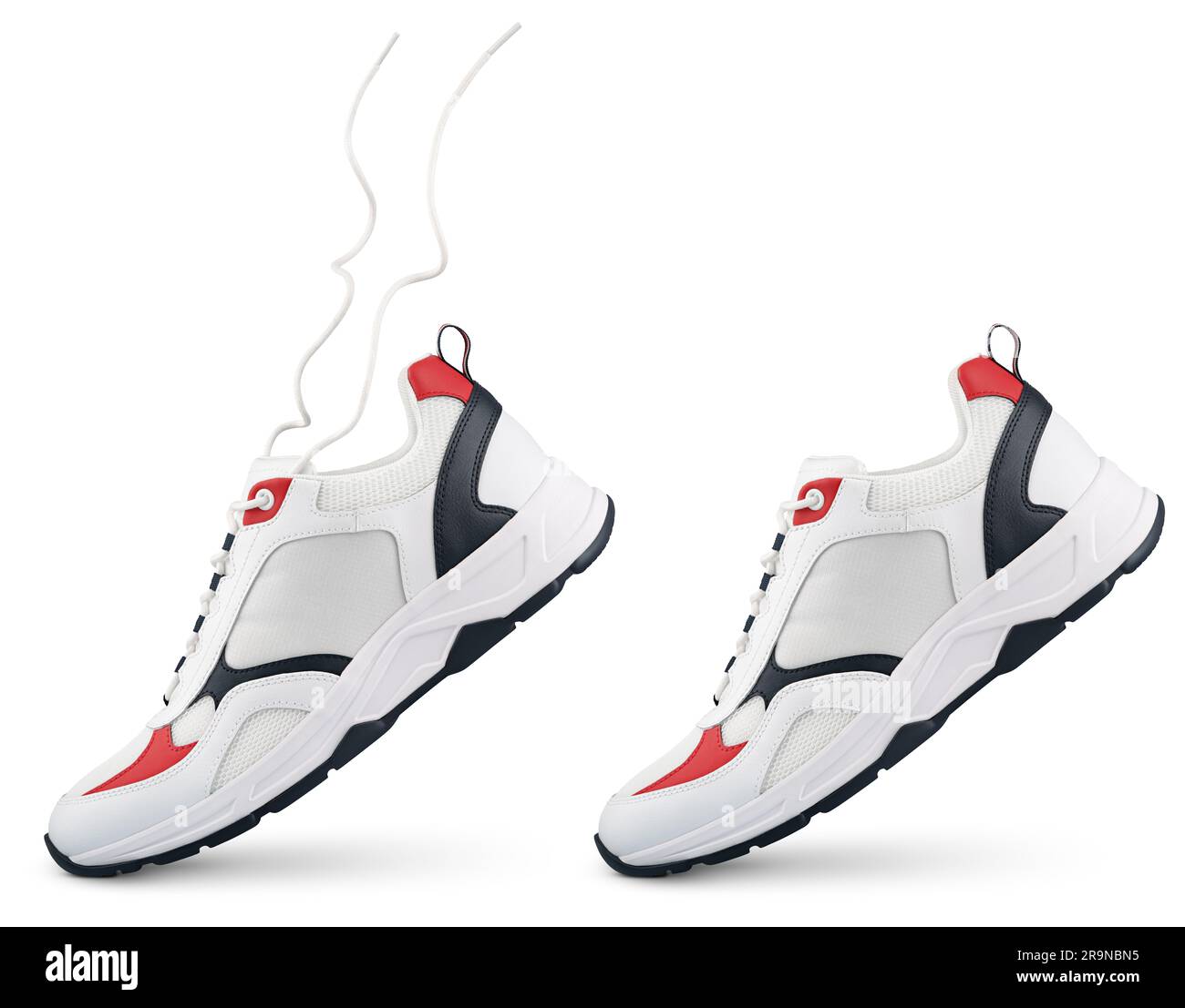 White sneaker with flying laces stands on the tip isolated on white ...