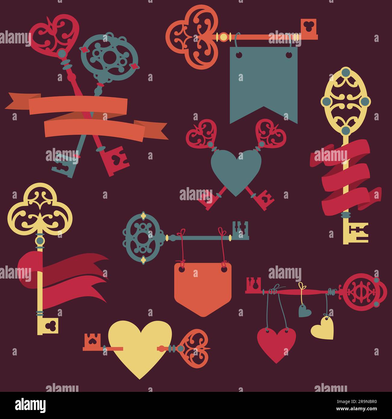 Vector set with vintage keys, ribbons and hearts. Can be used for ...