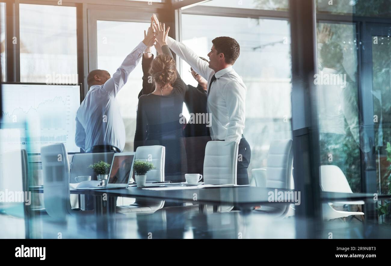 Business people, high five, team building and winning with success, celebration and support in ...