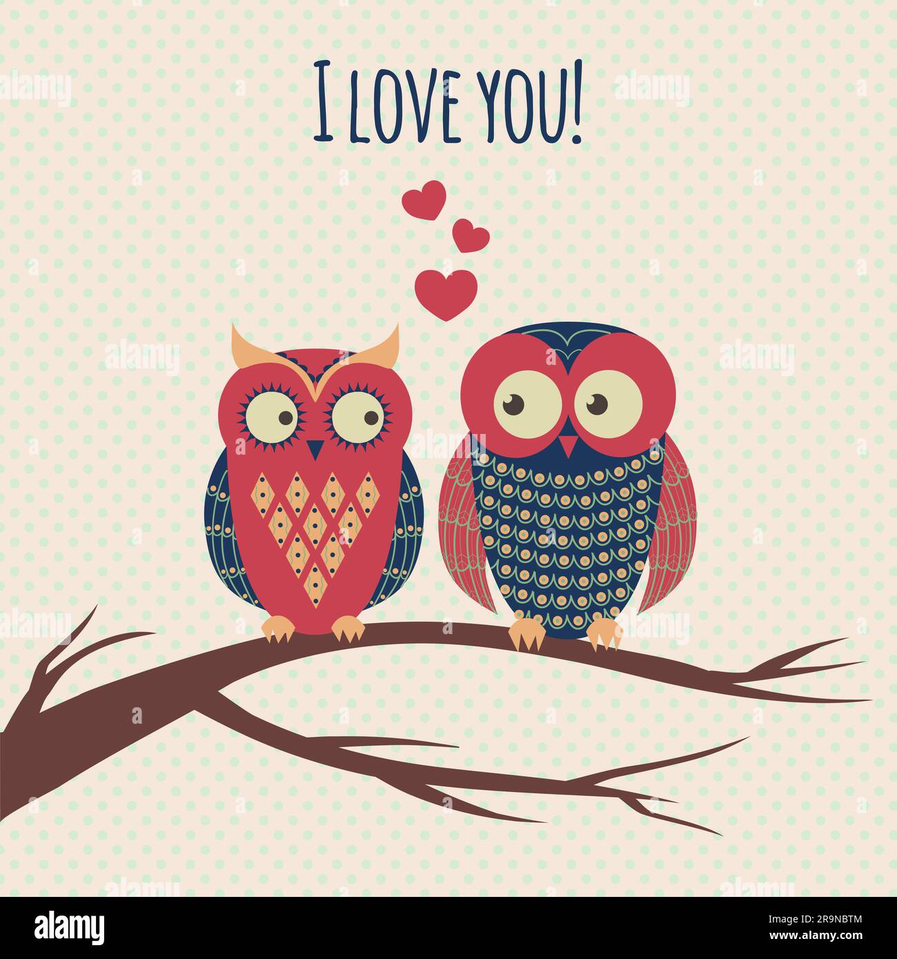 Vector colorful illustration with two owls in love sitting on a branch ...