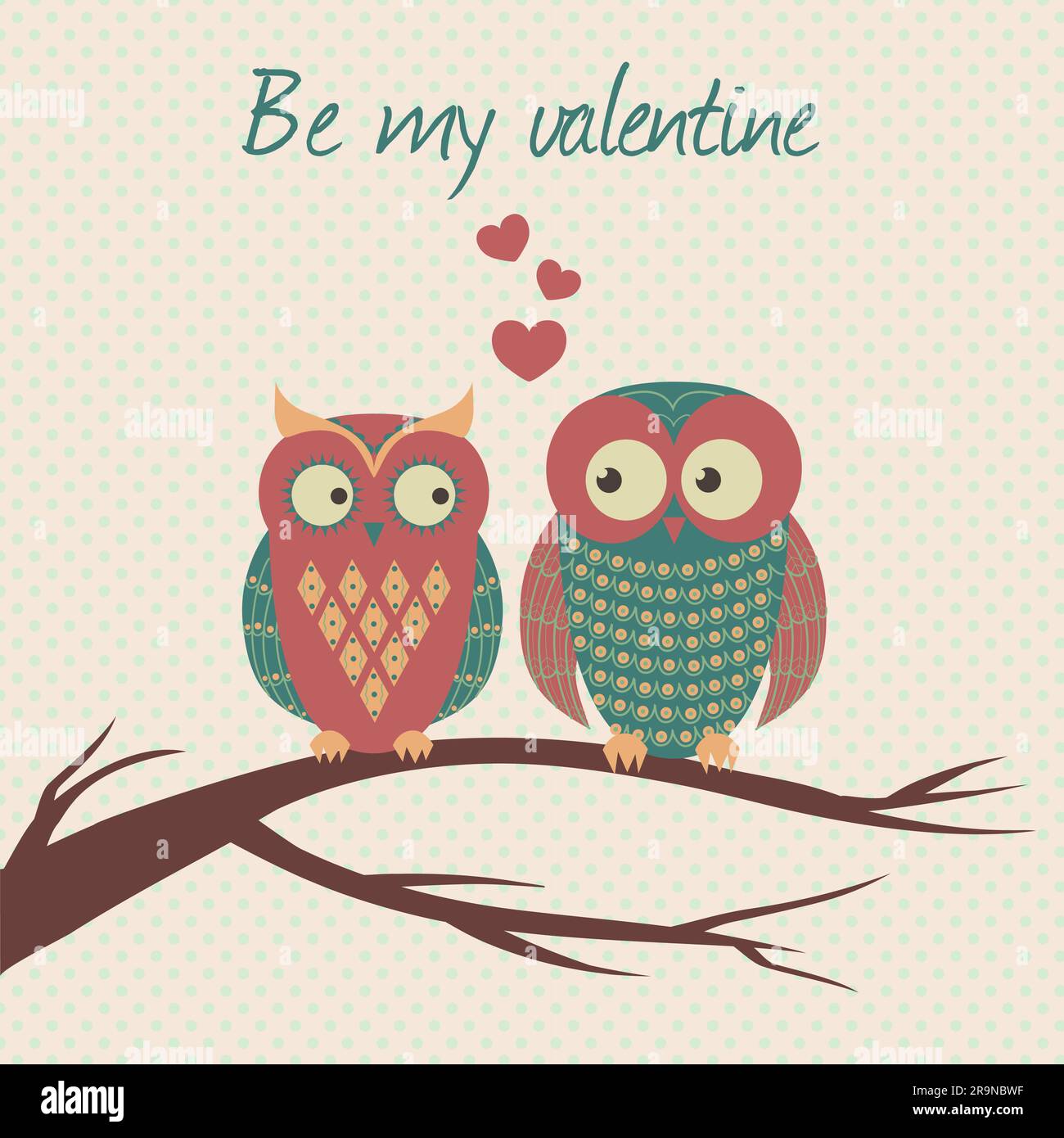 Vector colorful illustration with two owls in love sitting on a branch ...