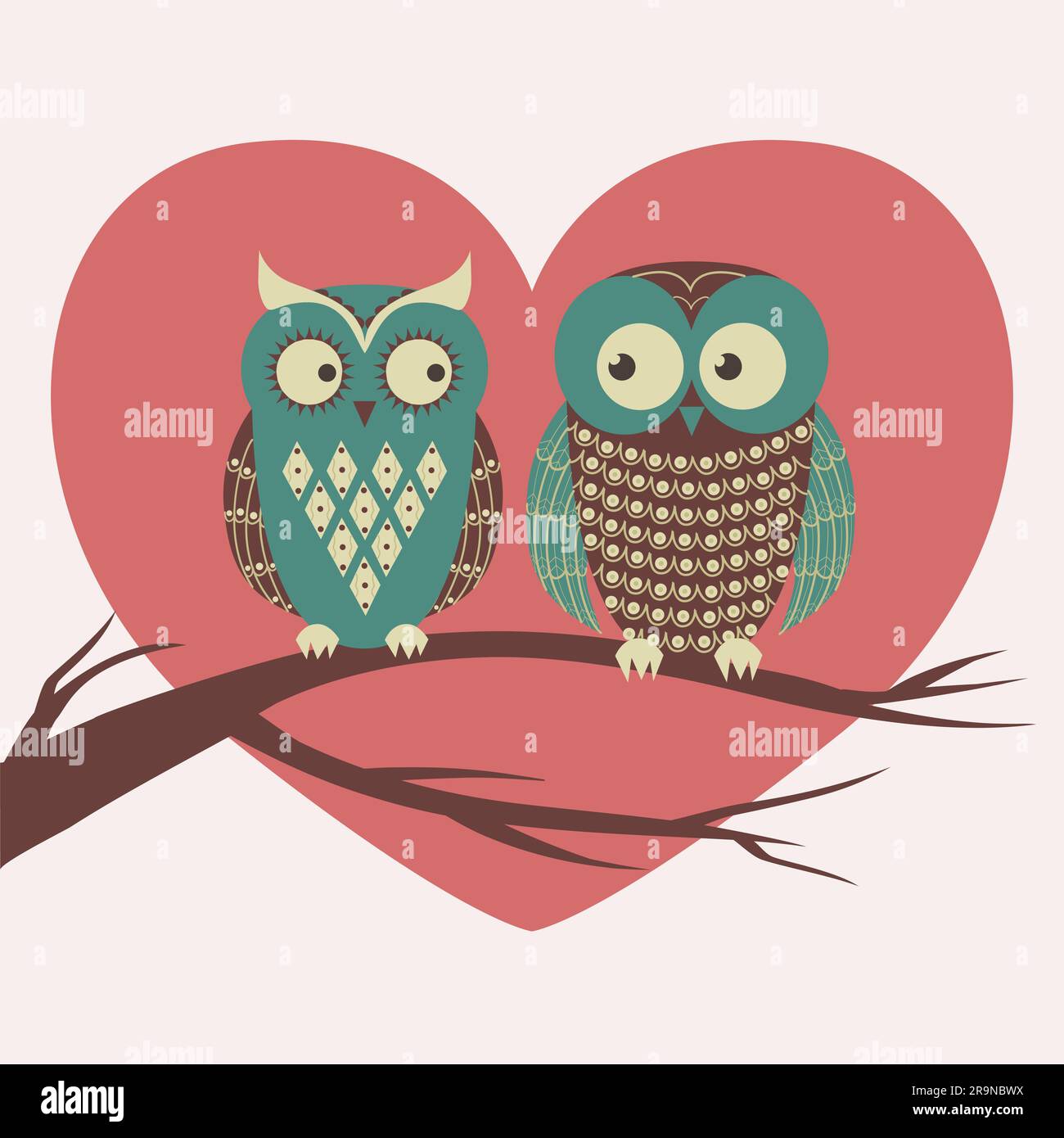 Vector colorful illustration with two owls in love sitting on a branch ...