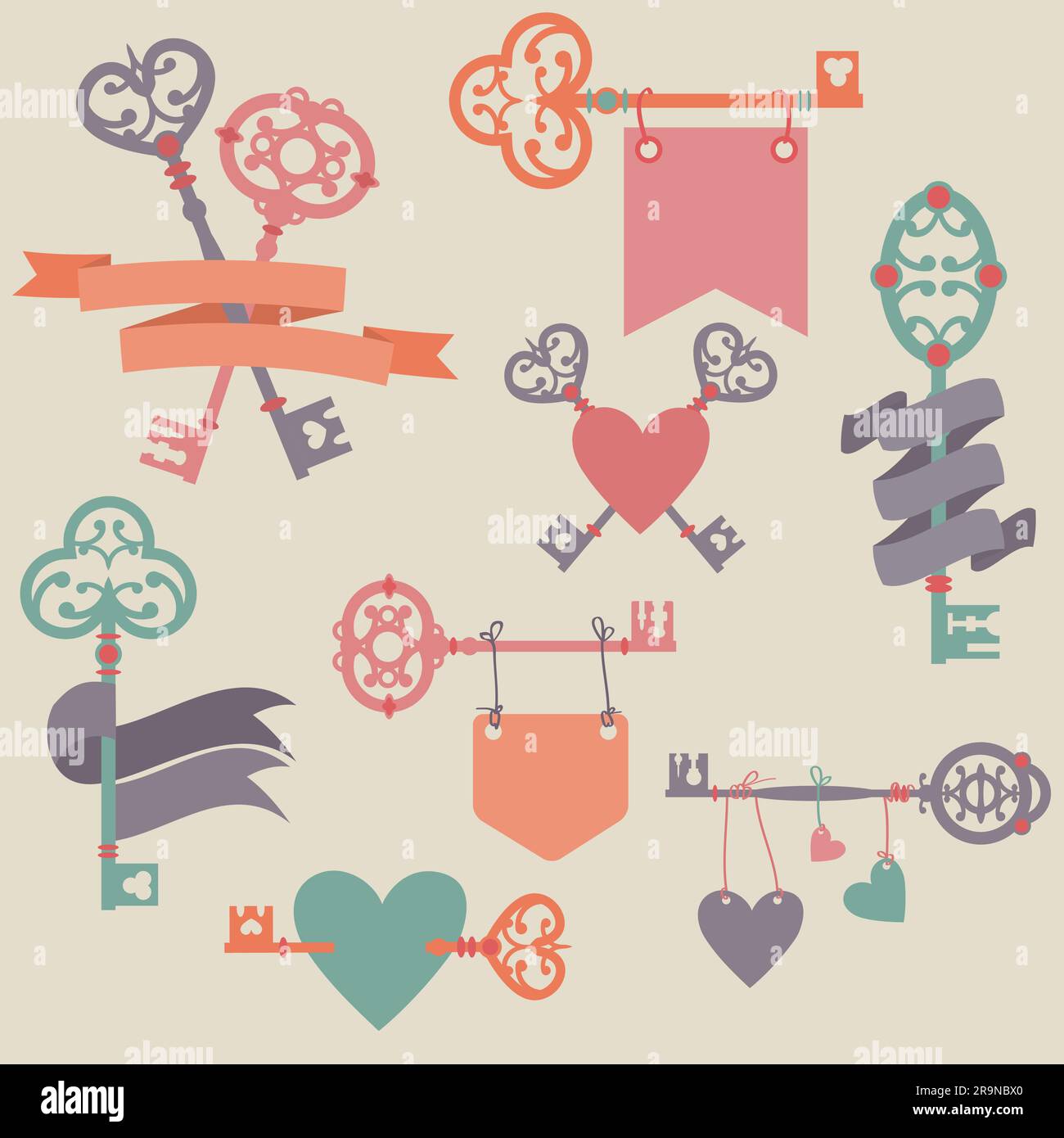 Vector set with vintage keys, ribbons and hearts. Can be used for ...