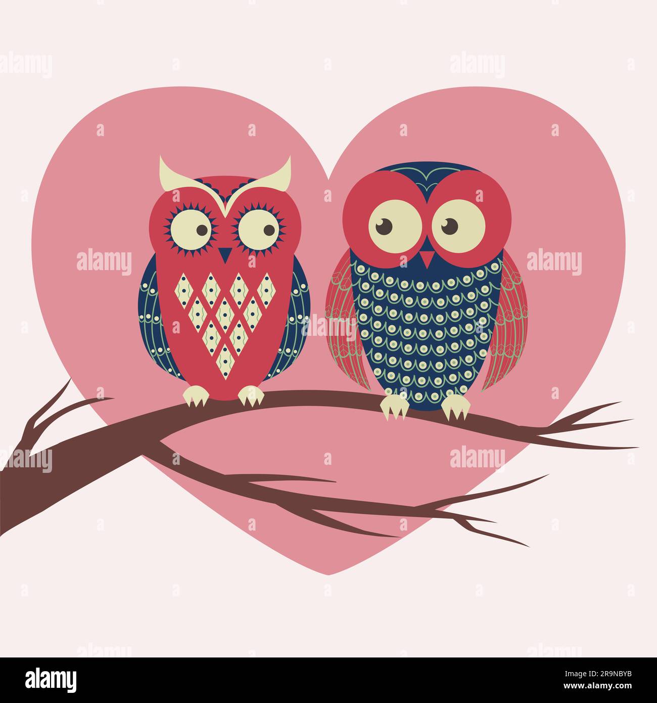 Vector colorful illustration with two owls in love sitting on a branch ...