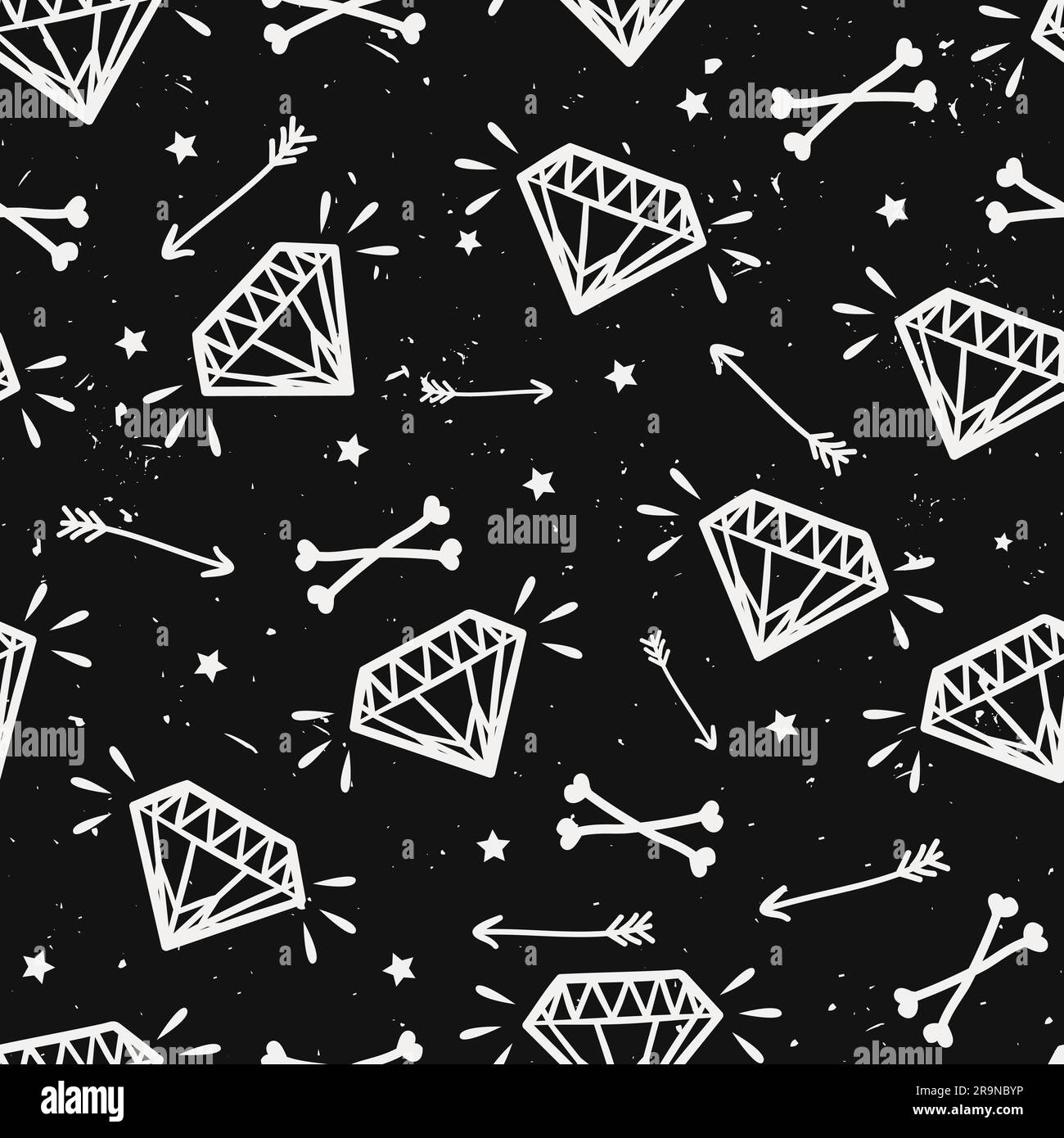 Vector seamless grunge pattern with vintage diamonds, bones, arrows and ...