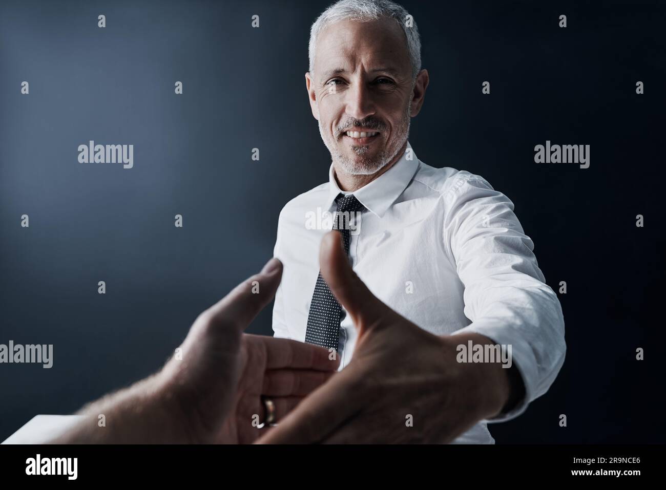 Senior business man, handshake and portrait with smile for welcome ...